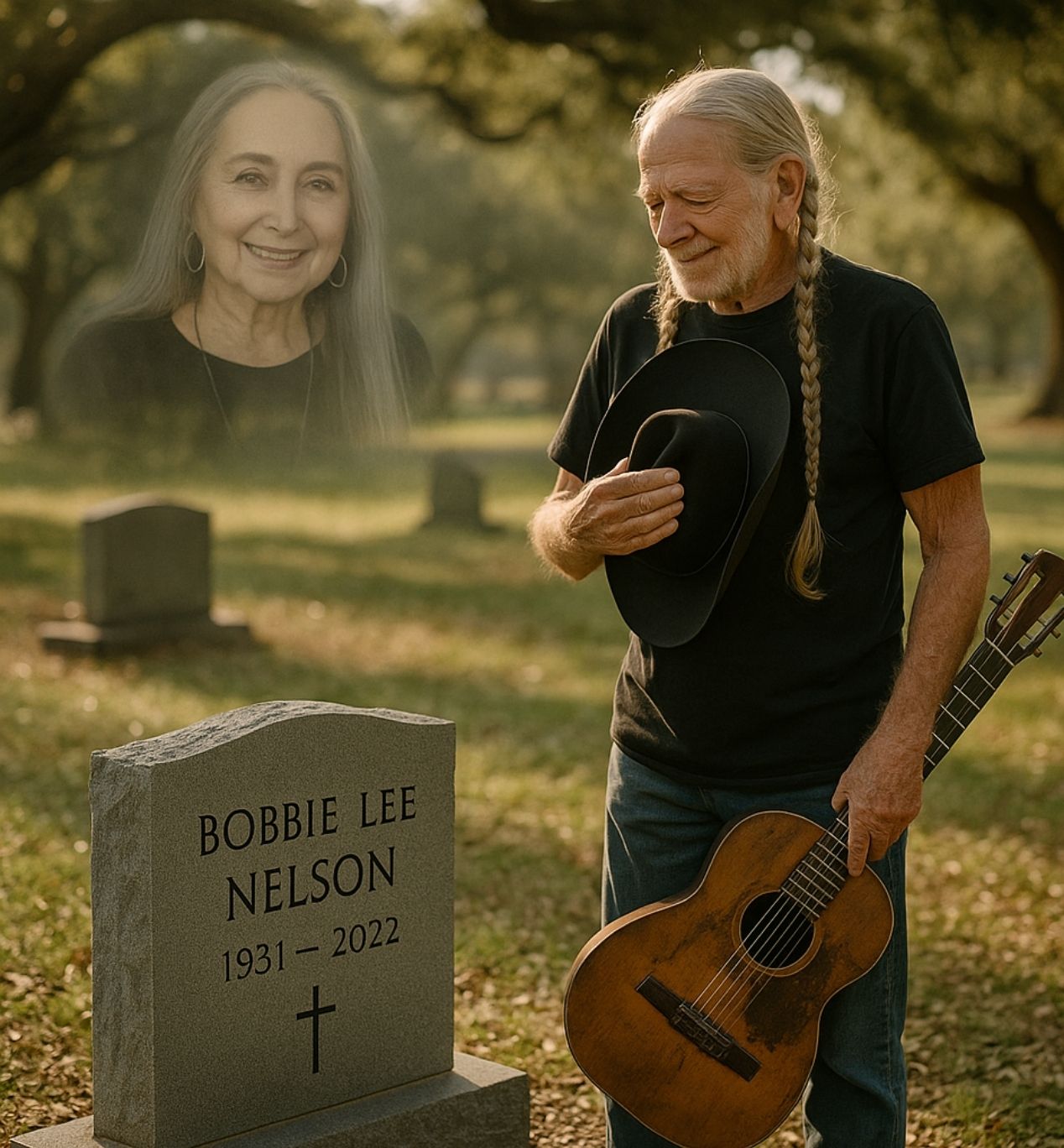 Willie Nelson stood beneath the Texas sun, hat pressed to his chest, the wind tugging gently at ...